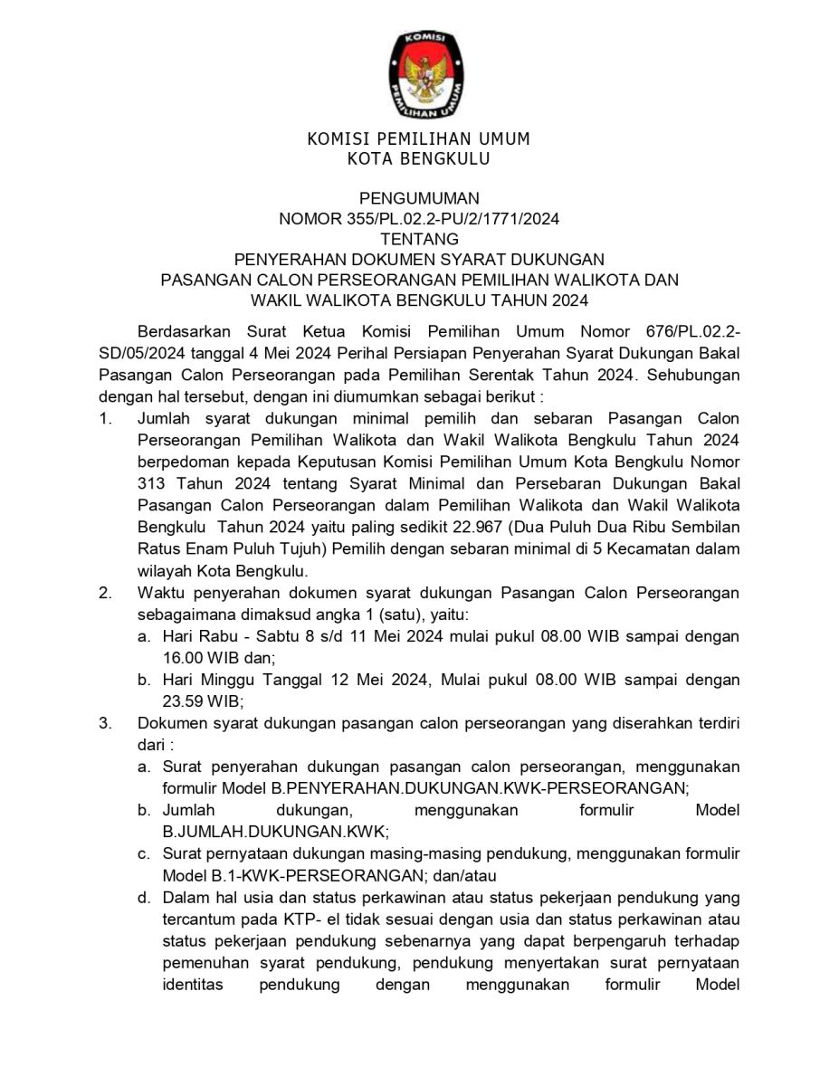 KPU Kota Bengkulu Umumkan Persyaratan Dukungan untuk Calon Perseorangan dalam Pemilihan Walikota ...